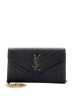 Saint Laurent Classic Monogram Wallet On Chain Matelasse Chevron Leather Medium Crossbody Bag - Black