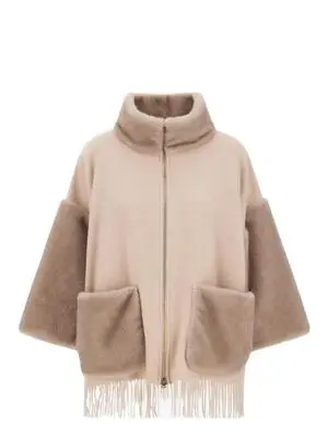 HERNO WOOL CASHMERE AND MINK-EFFECT MÉLANGE PONCHO