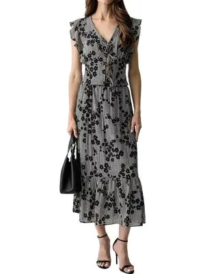 MORGAN Floral-print Gingham Midi Skirt - Black