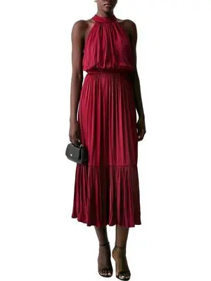 MORGAN Pleated Halterneck Midi Dress - Red
