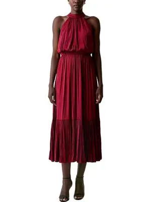 MORGAN Pleated Halterneck Midi Dress - Red