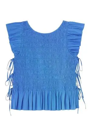 GANNI Top In Smocked Cotton Blue