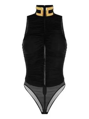 Elisabetta Franchi Bodysuit In Stretch Jersey Fabric With Jewel Collar - Black