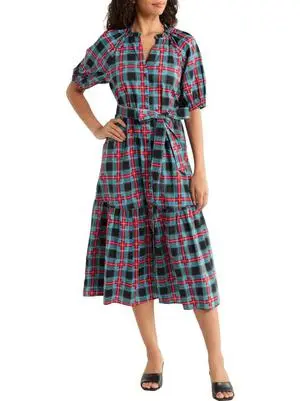 SUGARLIPS Wynette Plaid Tiered Cotton Midi Shirtdress