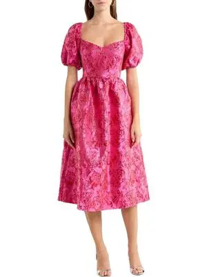 SUGARLIPS Metallic Floral Jacquard Puff Sleeve Dress - Fuchsia