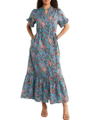 SUGARLIPS Alna Button Up Midi Dress - Teal Multi