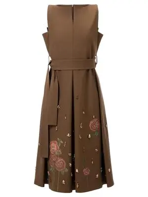 RONDOOZ Hand Painted Twill Gabardine Midi Dress With Hand Applied Embellishment - Brown
