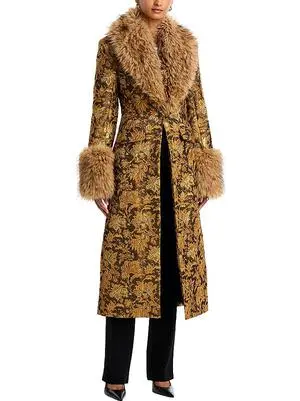Cinq À Sept Ivella Faux Fur Trim Jacquard Coat - Gold