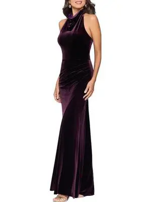 Betsy & Adam Velvet Halter Gown - Plum