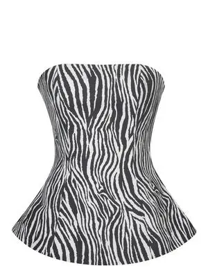 MISS CIRCLE NEW YORK Petrina Zebra Linen Print Sleeveless Peplum Top - Black
