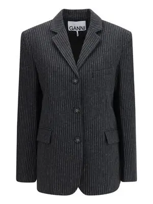 GANNI Pinstripe Wool Blazer - Grey