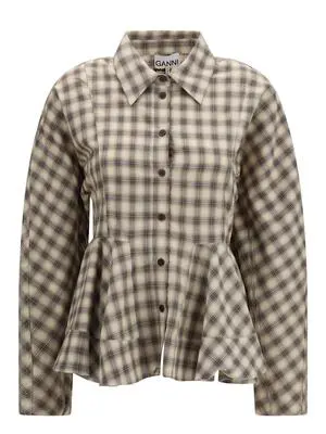 GANNI Check Flannel Peplum Shirt - Beige