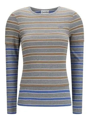 GANNI Double-sleeve Striped Cotton T-shirt Feale Grey