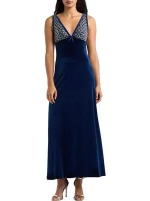 Saylor Serafina Sequin Sleeveless Velvet Gown - Navy