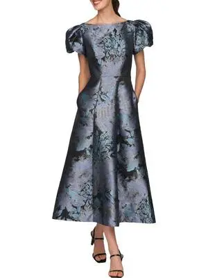 KAY UNGER Jennifer Metallic Puff Sleeve Tea Length Dress