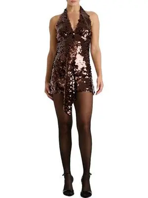 Bardot Avalee Paillette Halter Minidress - Chocolate