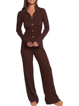 PETAL & PUP Aylia Rib Knit Top & Flare Leg Pants Set - Chocolate