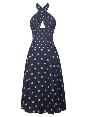 MISS CIRCLE NEW YORK Nuri Navy Polka Dot Ramie Crossover Halter A-line Midi Dress - Blue