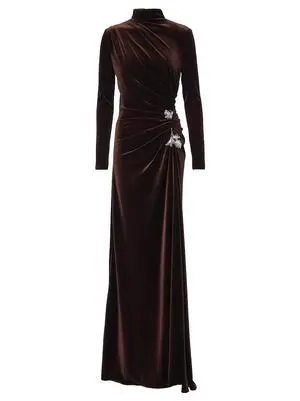 Monique Lhuillier Draped Embellished Velvet Gown - Brown