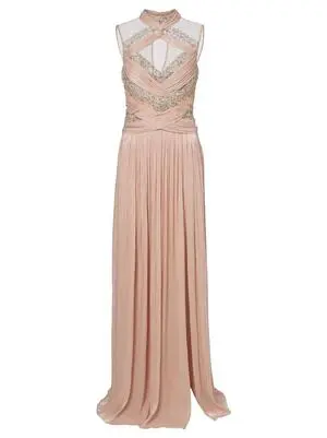 Costarellos Avalia Draped Embellished Georgette Bustier Gown - Pink