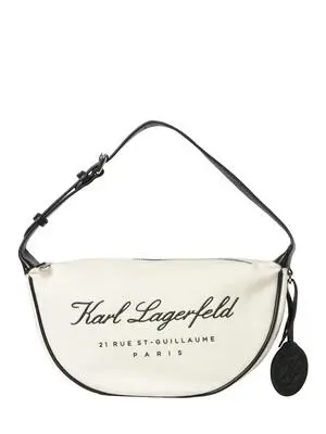 Karl Lagerfeld Canvas Shoulder Bag With Embroidered Logo And Charm - Ivory