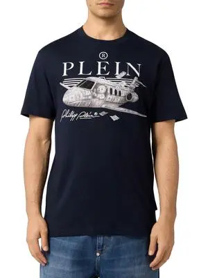 Philipp Plein Cotton T-shirt With Rhinestone-embellished Logo And Graphic - Blue