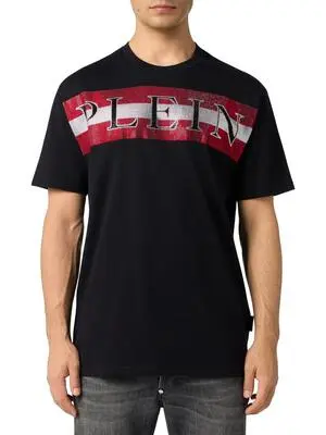 Philipp Plein Cotton T-shirt With Rhinestone-embellished Embroidered Logo Lettering - Black