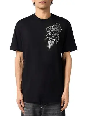 Philipp Plein Crew-neck Cotton T-shirt With Graphic Print And Rhinestones - Black