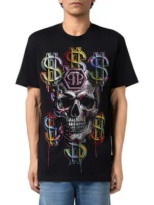 Philipp Plein Cotton T-shirt With Rhinestone-embellished Skull And Logo Print - Black