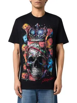 Philipp Plein Cotton T-shirt With Embroidered Skull Print And Rhinestones - Black