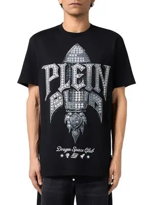 Philipp Plein Cotton T-shirt With Embroidered Graphic Logo And Rhinestones - Black