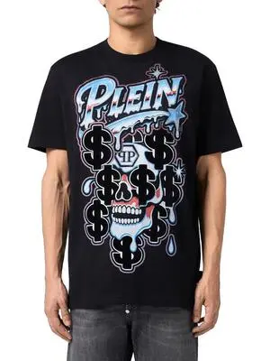 Philipp Plein Cotton T-shirt With Skull Print Embellished With Rhinestones - Black