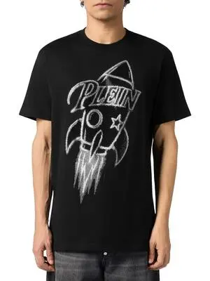 Philipp Plein Embroidered Graphic Print Cotton T-shirt With Rhinestones - Black