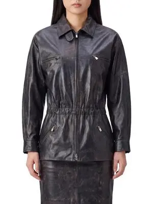 Magda Butrym Distressed Sheepskin Leather Jacket With A Drawstring Waist - Black