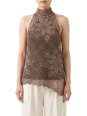 Magda Butrym Crochet Cotton Halterneck Top With A Turtleneck Design - Brown
