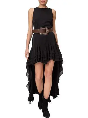 TWINSET Asymmetrical Viscose Long Evening Dress With Ruffles - Black