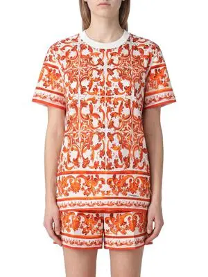 DOLCE & GABBANA Majolica Print Cotton T-shirt With Contrast Logo