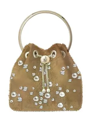 JIMMY CHOO Bon Bon Shearling Faux-pearl Embellished Bucket Bag