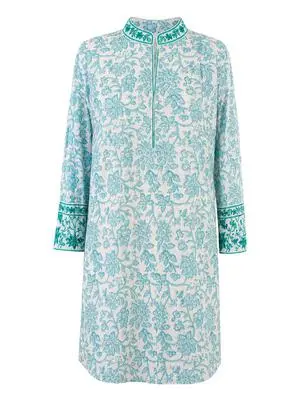 KAMINEE Turquoise Floral Block Print Linen Kaftan Lagoon - Blue