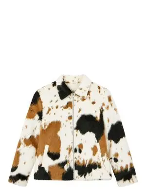 YUMI Cow Print Faux Fur Zip Jacket - Brown