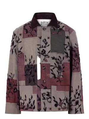 KARTIK RESEARCH Embroidered Patchwork Suede-trimmed Cotton Chore Jacket - Green