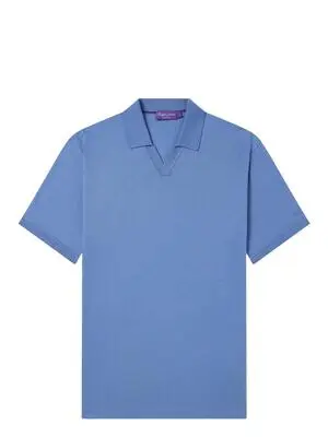 Ralph Lauren Purple Label Johnny-collar Cotton And Cashmere-blend Piqué Polo Shirt - Blue