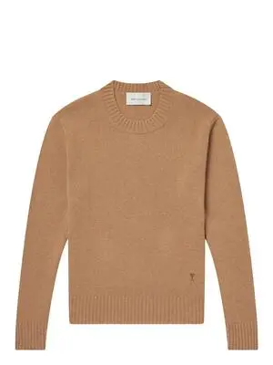 AMI Paris Logo-embroidered Cashmere And Wool-blend Sweater - Brown
