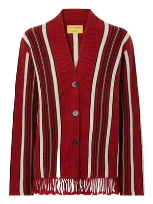 Guest In Residence Handloom Fringed Striped Wool And Cashmere-blend Cardigan - Red