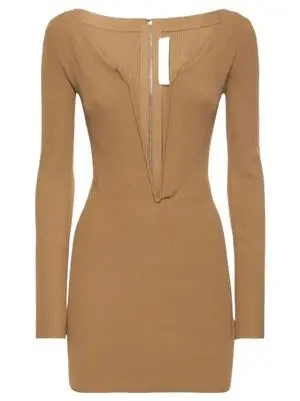 DION LEE Deep V-neck Rib Knit Mini Dress - Brown