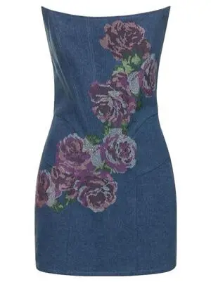 Giuseppe Di Morabito Embellished Strapless Denim Mini Dress - Blue