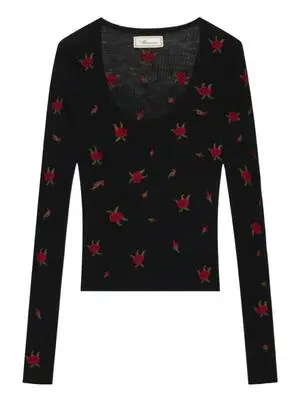 Blumarine Wool Jumper With Rose Embroidery Black/red