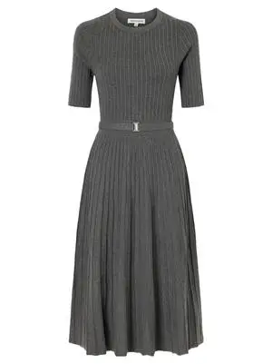 Veronica Beard Elthea Belted Pleated Ribbed-knit Midi Dress - Grey