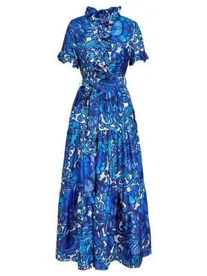 La DoubleJ Belted Waist Mid-calf Length Dress - Blue/white