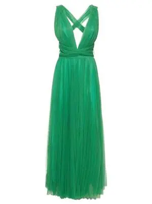 MARIA LUCIA HOHAN Pleated Tulle Midi Dress W/ Low Back - Green